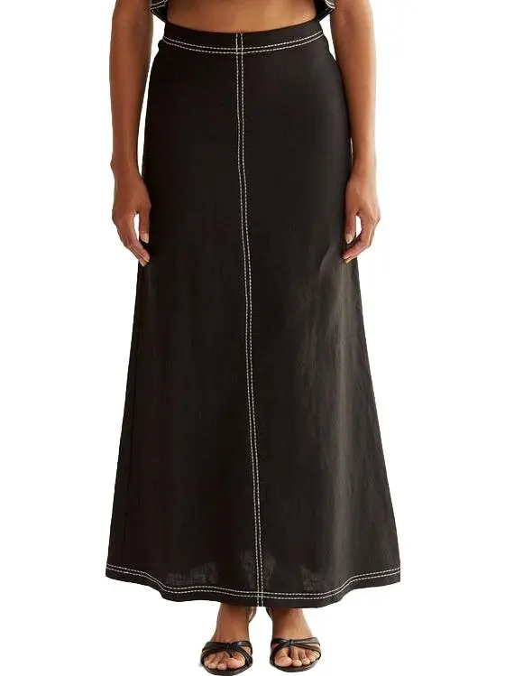 CRESCENT Embroidered Contrast Stitch Linen Maxi Skirt - Black