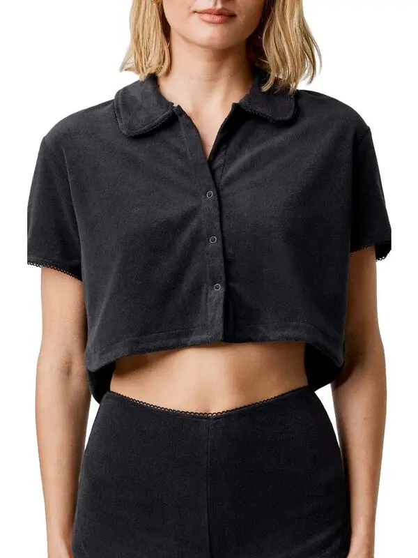 FLORENCE BY MILLS Terry Cloth Crop Snap-up Shirt - Black
