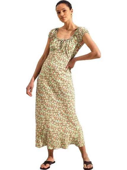 RO&ZO Gathered Neckline Floral Midi Dress - Green