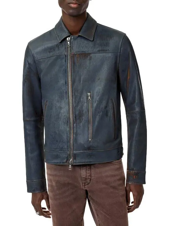 John Varvatos Otis Distressed Leather Moto Jacket - Lake Blue