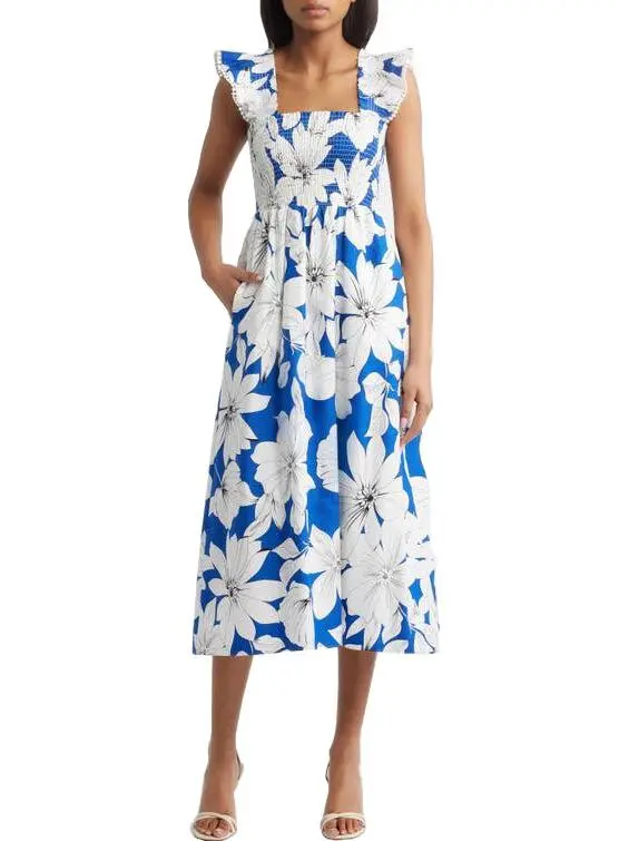 Anne Klein Ruffle Smocked Midi Dress - Palace Blue Multi
