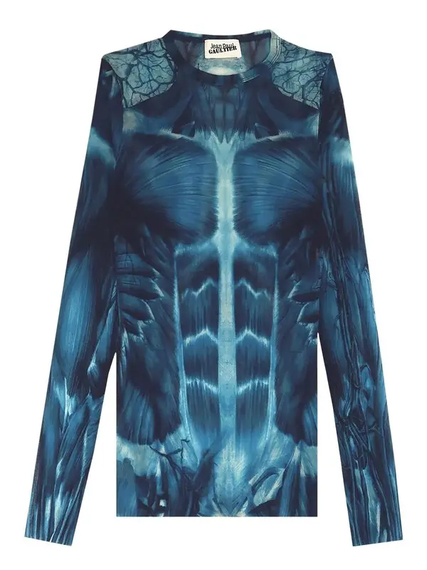 Jean Paul Gaultier Ecorche Mesh Printed Long-sleeve Top - Blue