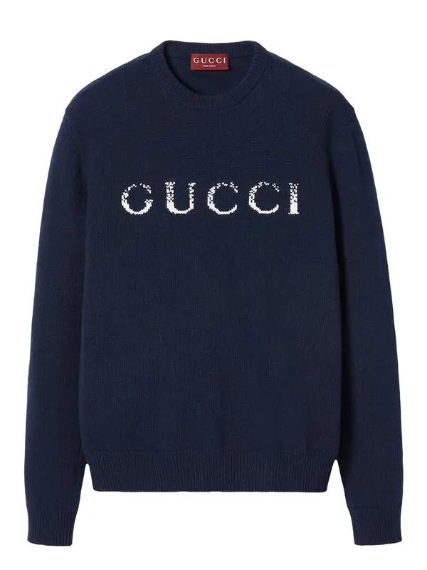 Gucci Logo Intarsia Crewneck Knit Sweater - Black