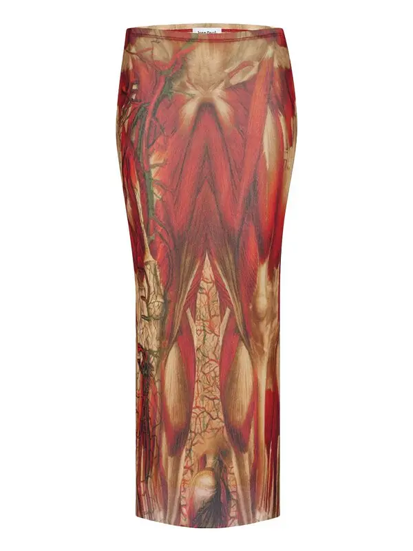 Jean Paul Gaultier Ecorche Mesh Printed Long Skirt - Red