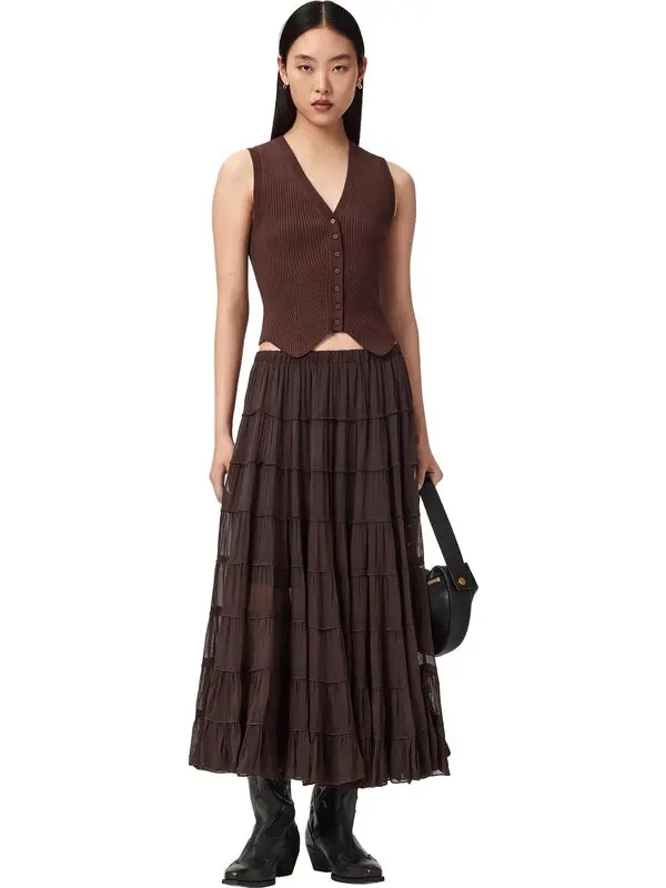 ALLSAINTS Eva Tiered Midi Skirt - Bottle Brown