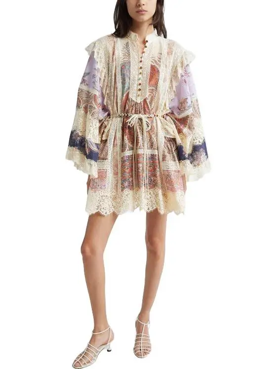 Zimmermann Rhiannon Billow Long Sleeve Lace Trim Mini Dress - Spliced
