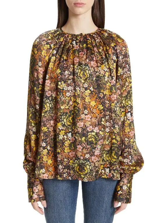 Co Floral Silk Peasant Top - Multi