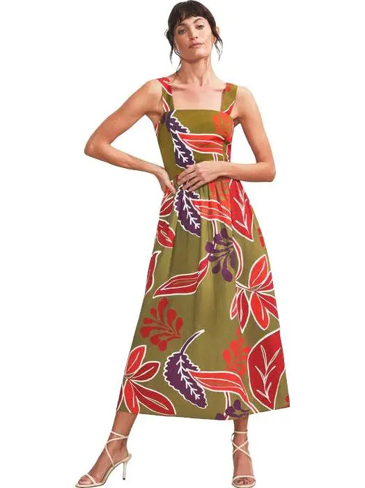 RO&ZO Leaf Print Cotton Midi Dress - Green