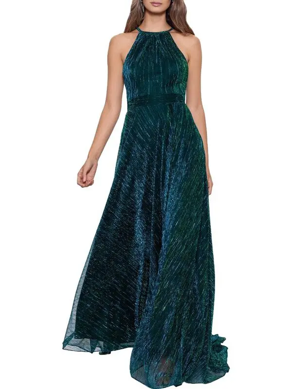Betsy & Adam Metallic Crinkle Gown - Jade