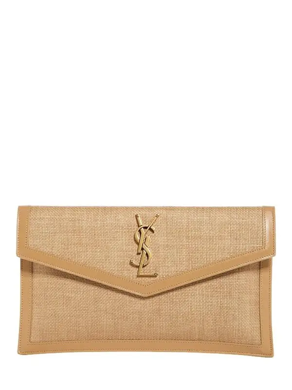 Saint Laurent Uptown Clutch In Raffia - Natural Raffia/gold