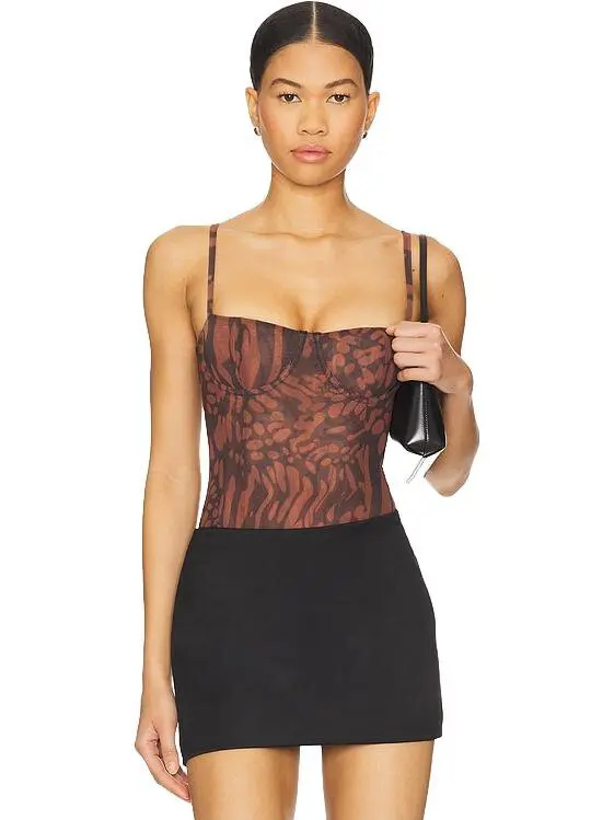 Good American Mesh Bustier Bodysuit - Java Warped Leopard001