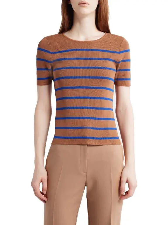 TAHARI ASL Striped Short Sleeve Sweater - Camel New Royal