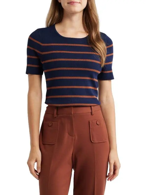 TAHARI ASL Striped Short Sleeve Sweater - Navy Tawny