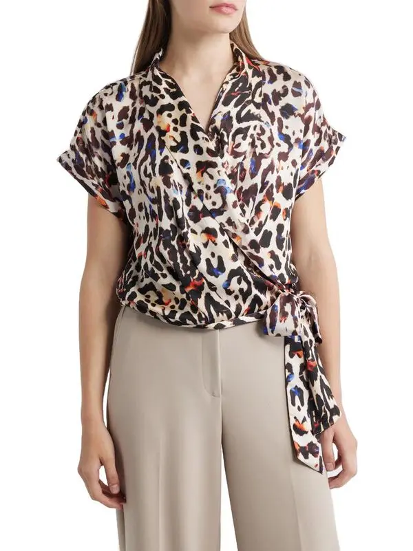 TAHARI ASL Side Tie Wrap Top - Sand Royal Leopard