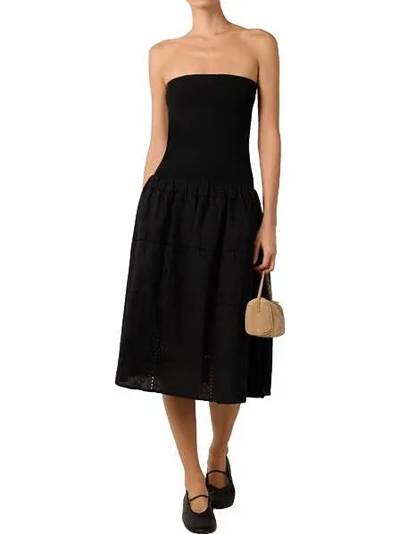 WeWoreWhat Ribbed Strapless Patchwork Eyelet Midi Dress - Black Multi