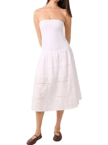 WeWoreWhat Ribbed Strapless Patchwork Eyelet Midi Dress - White Multi