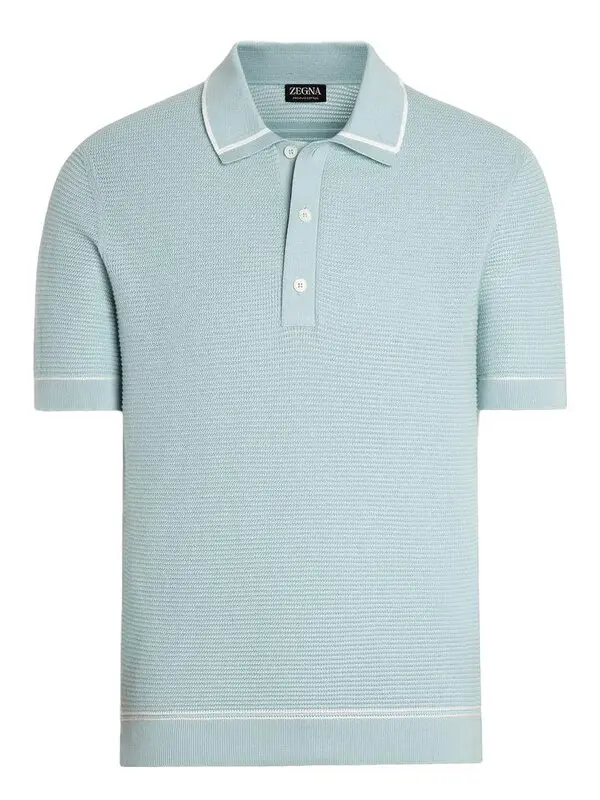 Zegna Premium Cotton Waffle Stitch Polo Sweater - Aqua Solid