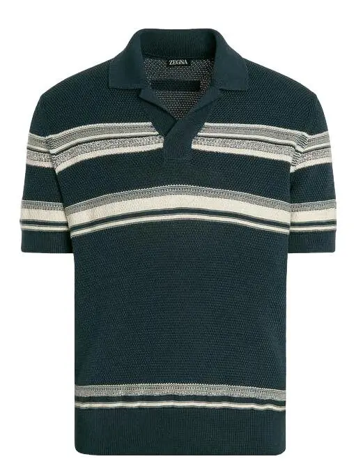 Zegna Stripe Cotton & Silk Polo Sweater - Dark Green Stirpe