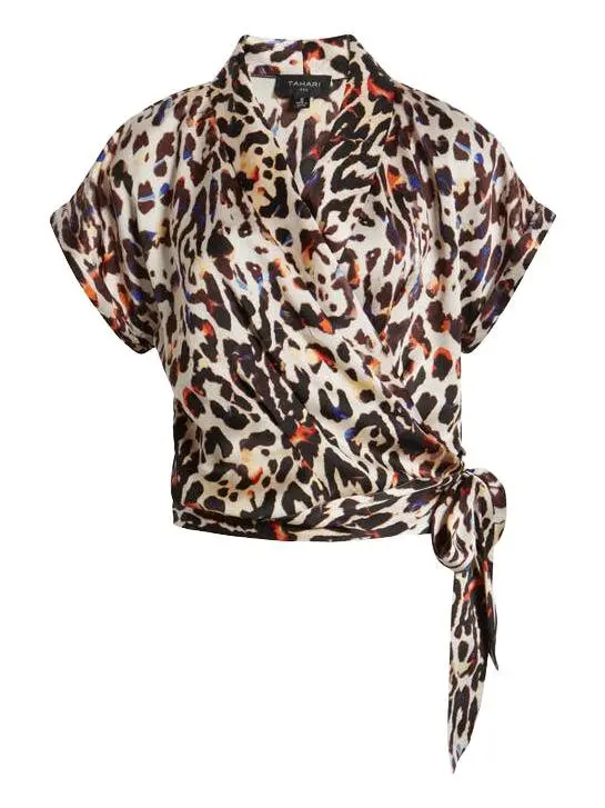 TAHARI ASL Side Tie Wrap Top - Sand Royal Leopard