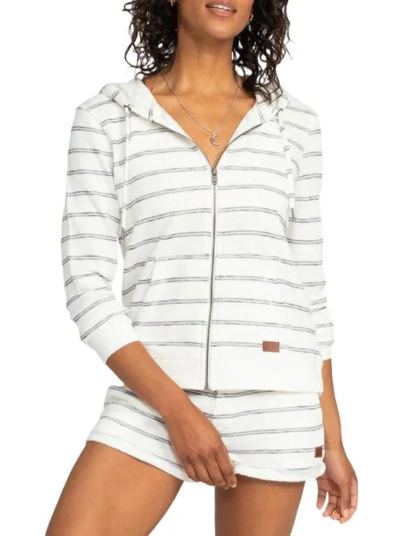Roxy Striped Lightweight Zip Up Hoodie - Snow White