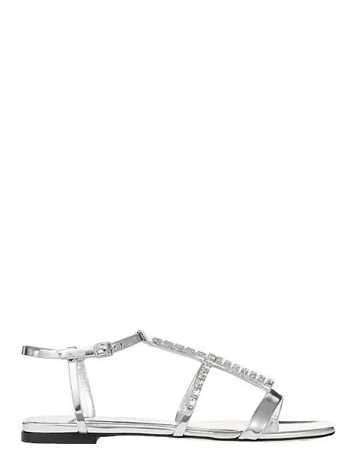 JIMMY CHOO Gwyn Crystal-embellished Flat Leather Sandals - Silver/crystal