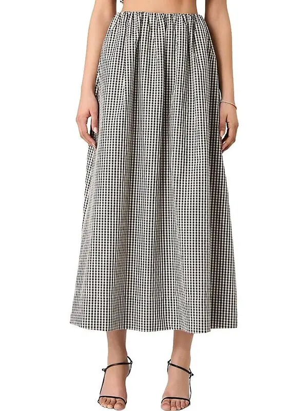 French Connection Gingham Ruched Waist Midi Skirt - Black/gingham