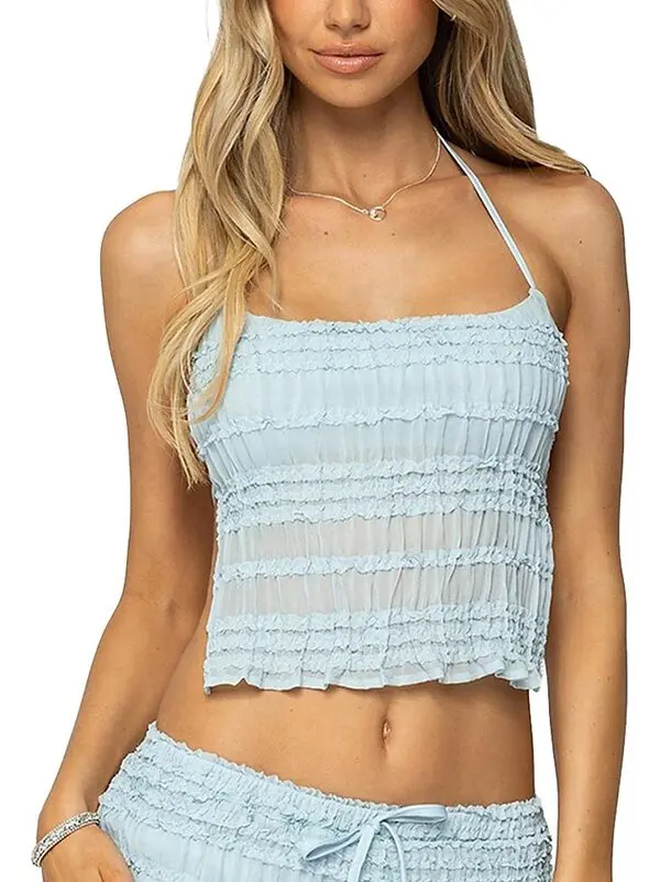 EDIKTED Backless Ruffle Chiffon Top - Light-blue