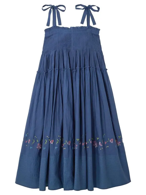 EKA Riley Pintucked Tiered Embroidered Cotton And Silk-blend Midi Dress - Blue