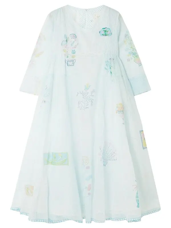 EKA Heather Pintucked Printed Cotton Kota Doriya Midi Dress - Blue