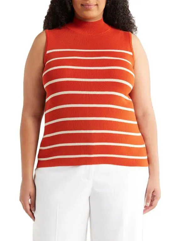 TAHARI ASL Striped Sleeveless Mock Neck Sweater - Persimmon Vanilla