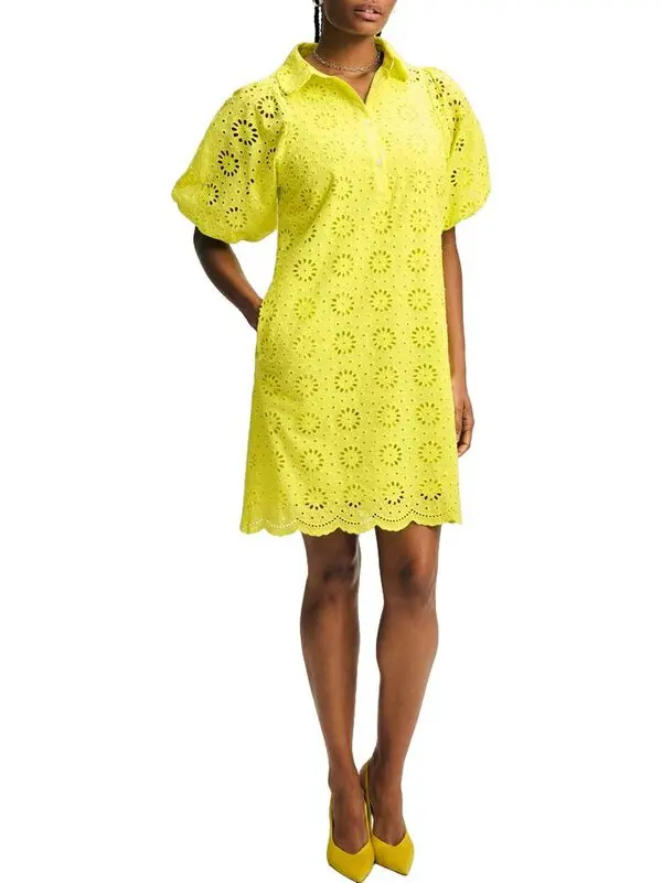 ISAAC MIZRAHI NEW YORK Eyelet Puff Sleeve Shirt Dress - Citron