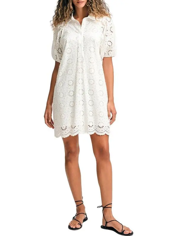 ISAAC MIZRAHI NEW YORK Eyelet Puff Sleeve Shirt Dress - White