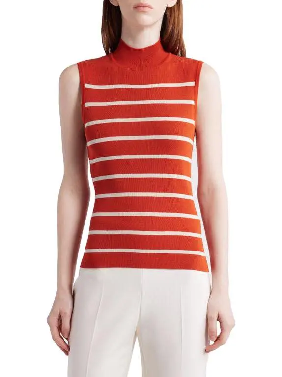 TAHARI ASL Striped Sleeveless Mock Neck Sweater - Persimmon Vanilla