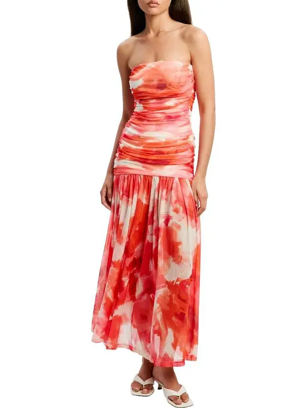Bardot Solana Blurred Floral Drop Waist Mesh Maxi Dress - Pink Abstract