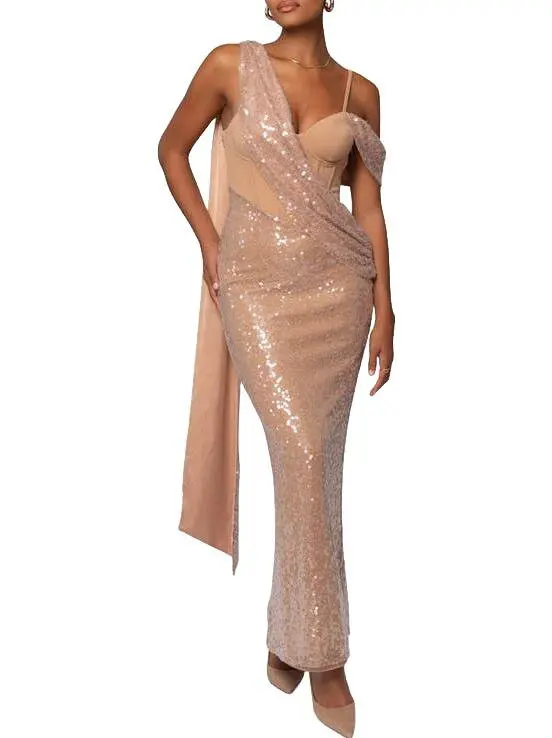 JLUXLABEL Amani Sequin Drape Sleeveless Gown - Beige