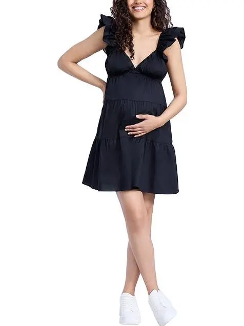 Motherhood Maternity V-neck Flutter Sleeve Tiered Mini Dress - Black