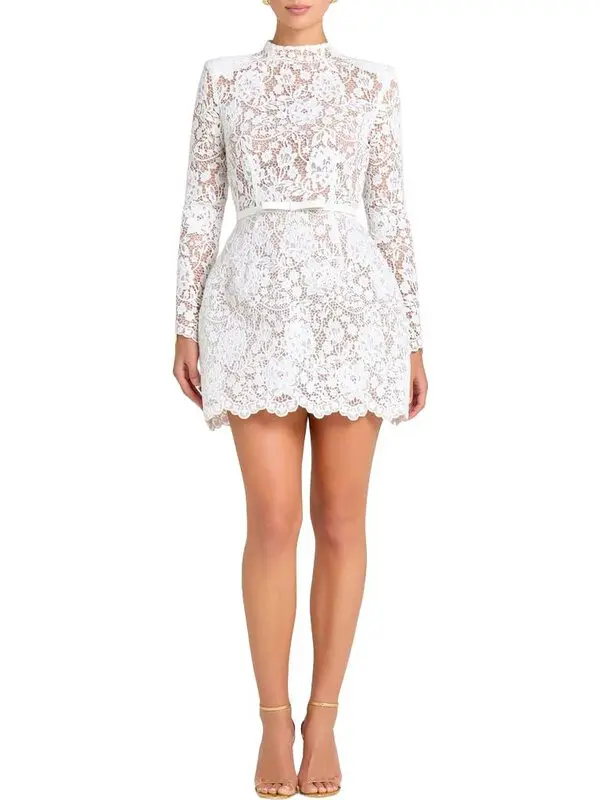 NADINE MERABI Addison Long Sleeve Lace Overlay Minidress - White