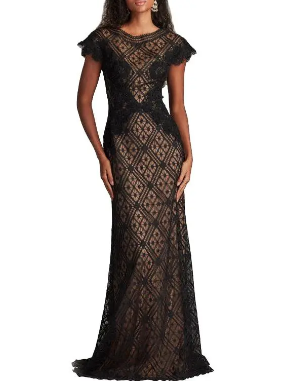 Tadashi Shoji Embellished Flutter Sleeve Lace Mermaid Gown - Black/ Nude