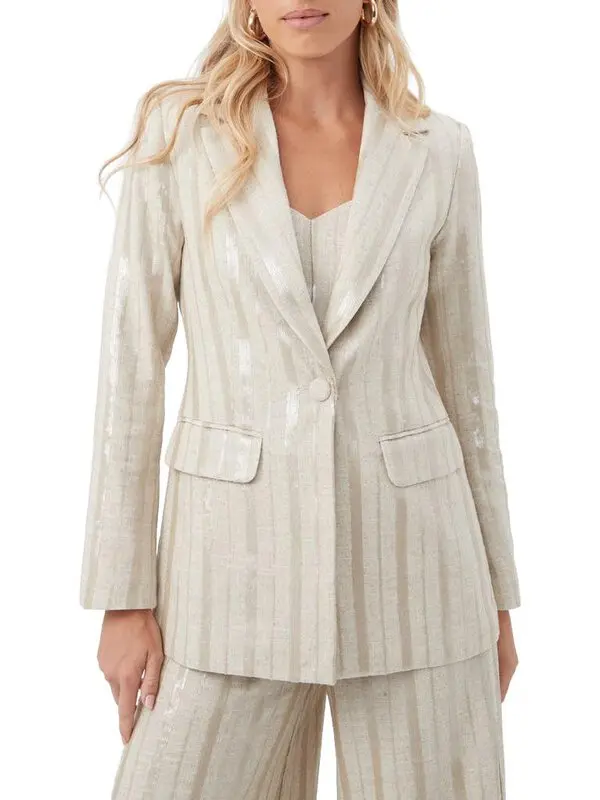 Trina Turk Linen Blend Blazer With Sequin Stripes - Biarritz Beige