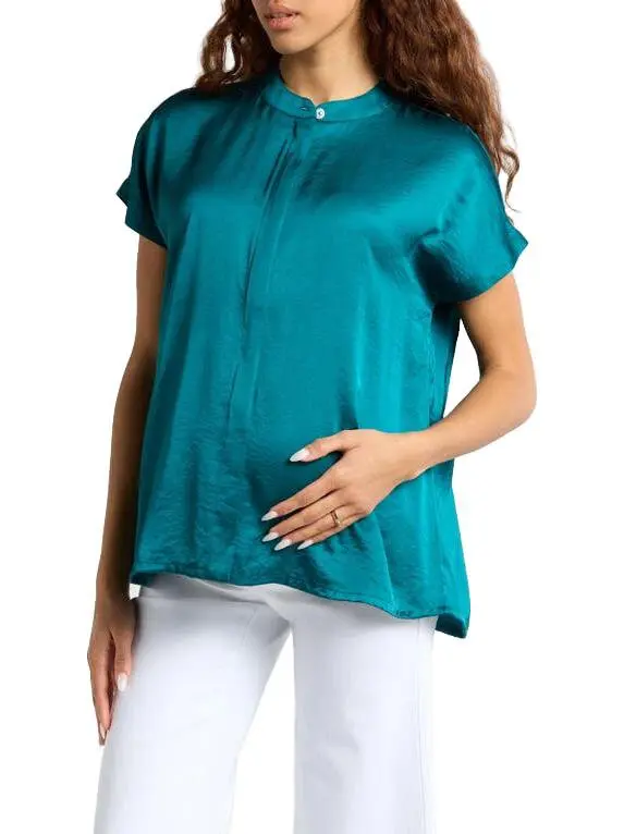 MARION Satin Maternity Nursing Shell Top - Peacock