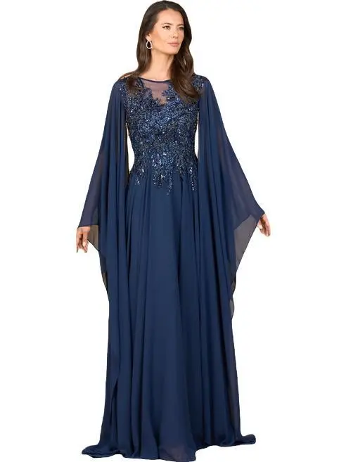 LARA NEW YORK Chiffon A-line Gown With Cape Sleeves - Navy