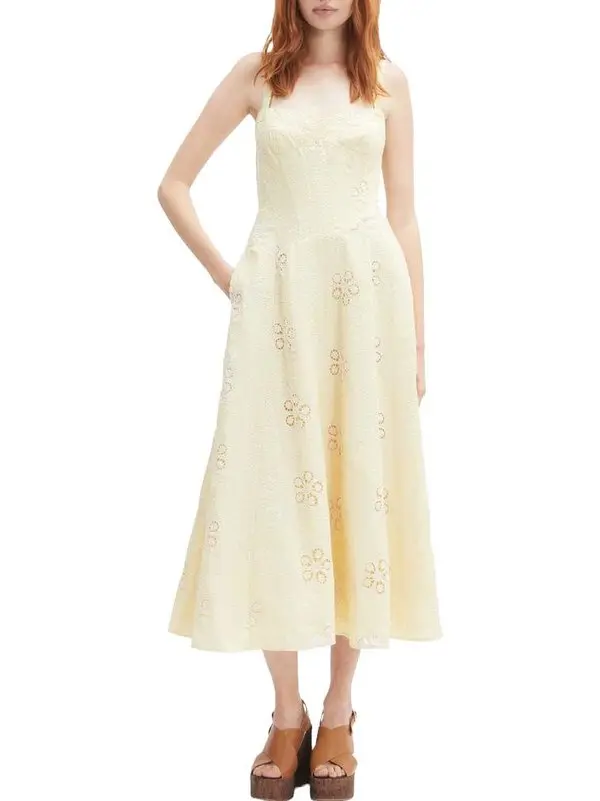 Bardot Lilah Floral Eyelet Lace Corset Midi Dress - Yellow Daisy