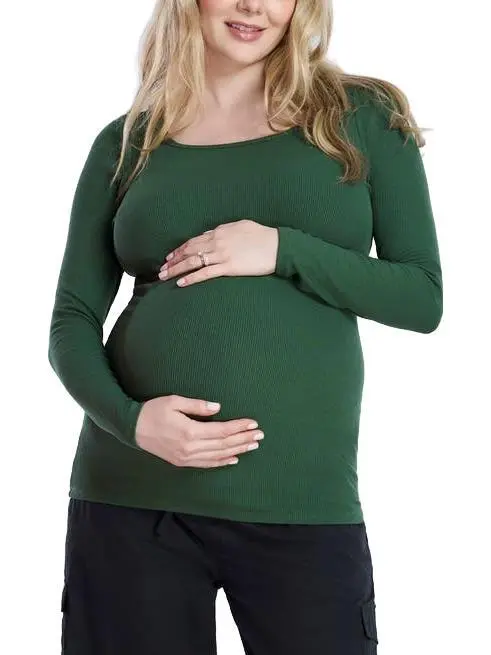 Motherhood Maternity Square Neck Rib Knit Long Sleeve Tee - Green Pastures