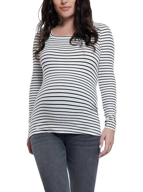 Motherhood Maternity Square Neck Rib Knit Long Sleeve Tee - White/black Stripe