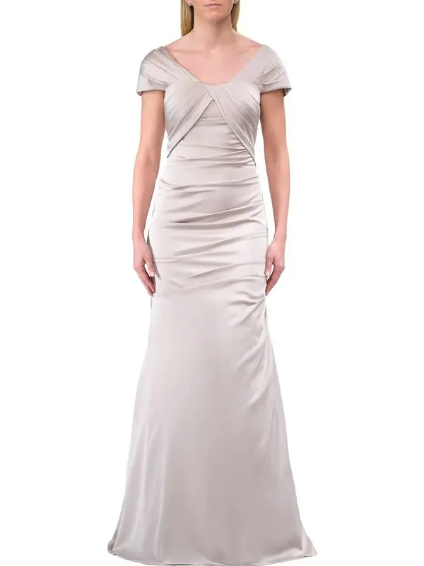 La Femme Ruched Mermaid Satin Gown - Silver