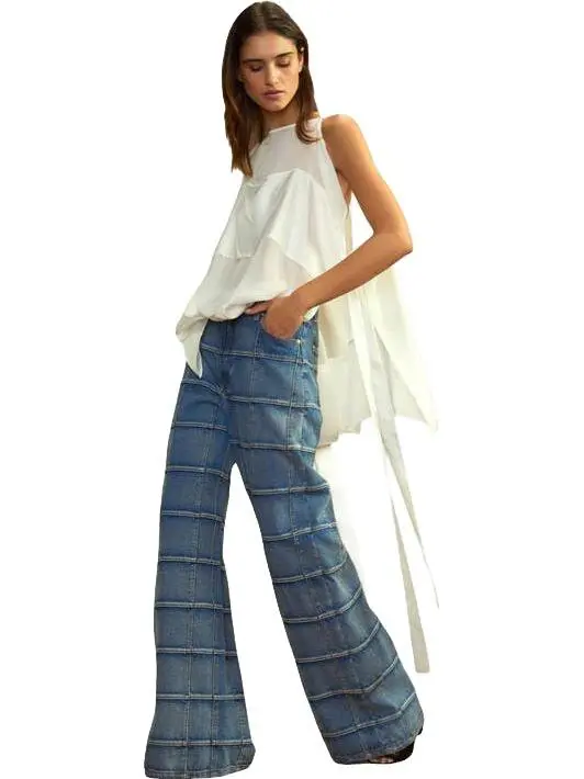 Cynthia Rowley Windowpane Wide-leg Denim Jeans - Light Wash