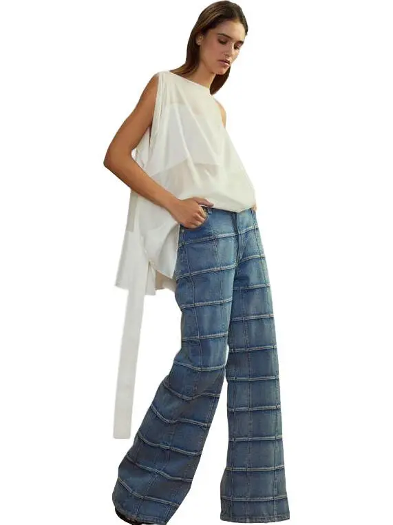 Cynthia Rowley Windowpane Wide-leg Denim Jeans - Light Wash