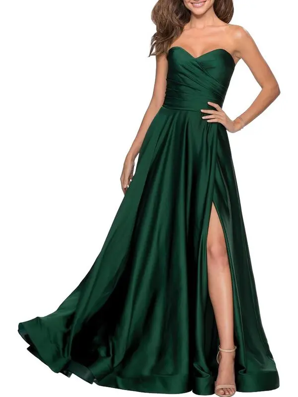 LABOMME Strapless Satin Gown With Pleated Bodice And Slit - Emerald