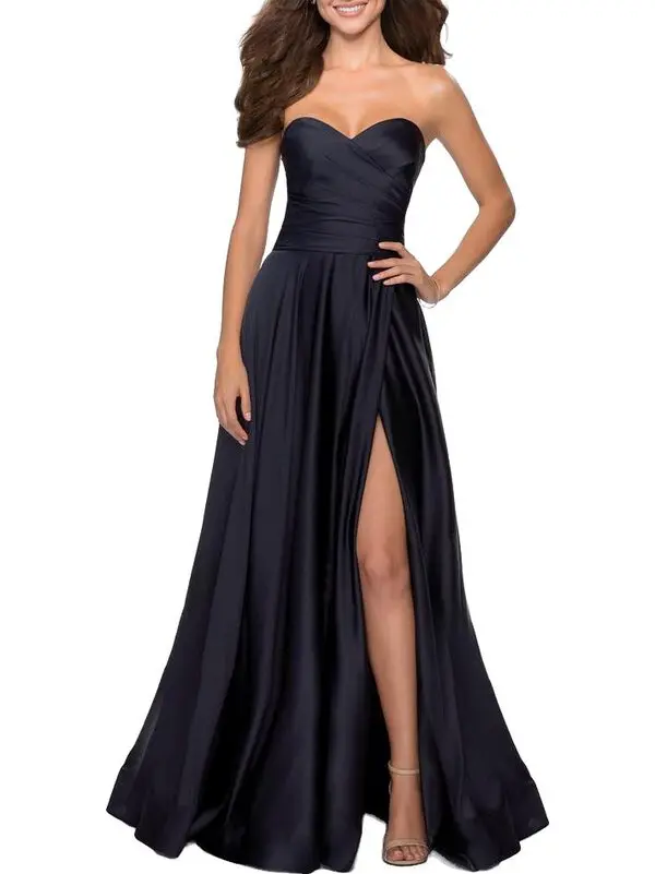 LABOMME Strapless Satin Gown With Pleated Bodice And Slit - Navy