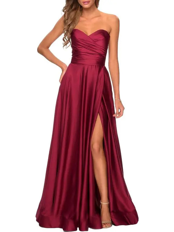 LABOMME Strapless Satin Gown With Pleated Bodice And Slit - Wine